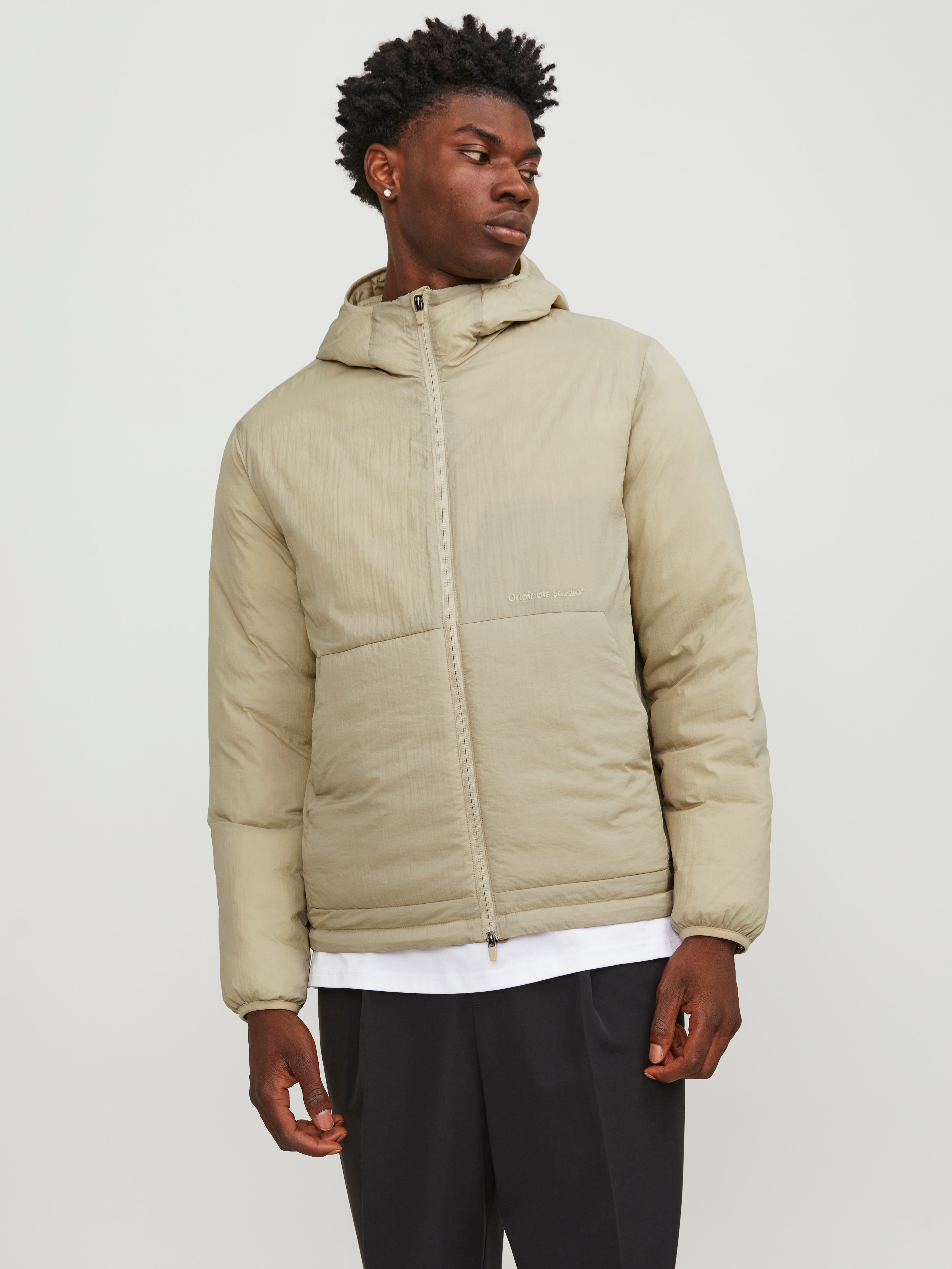 Hood with string regulation Cuffs with elastic binding Jacket | Beige ...